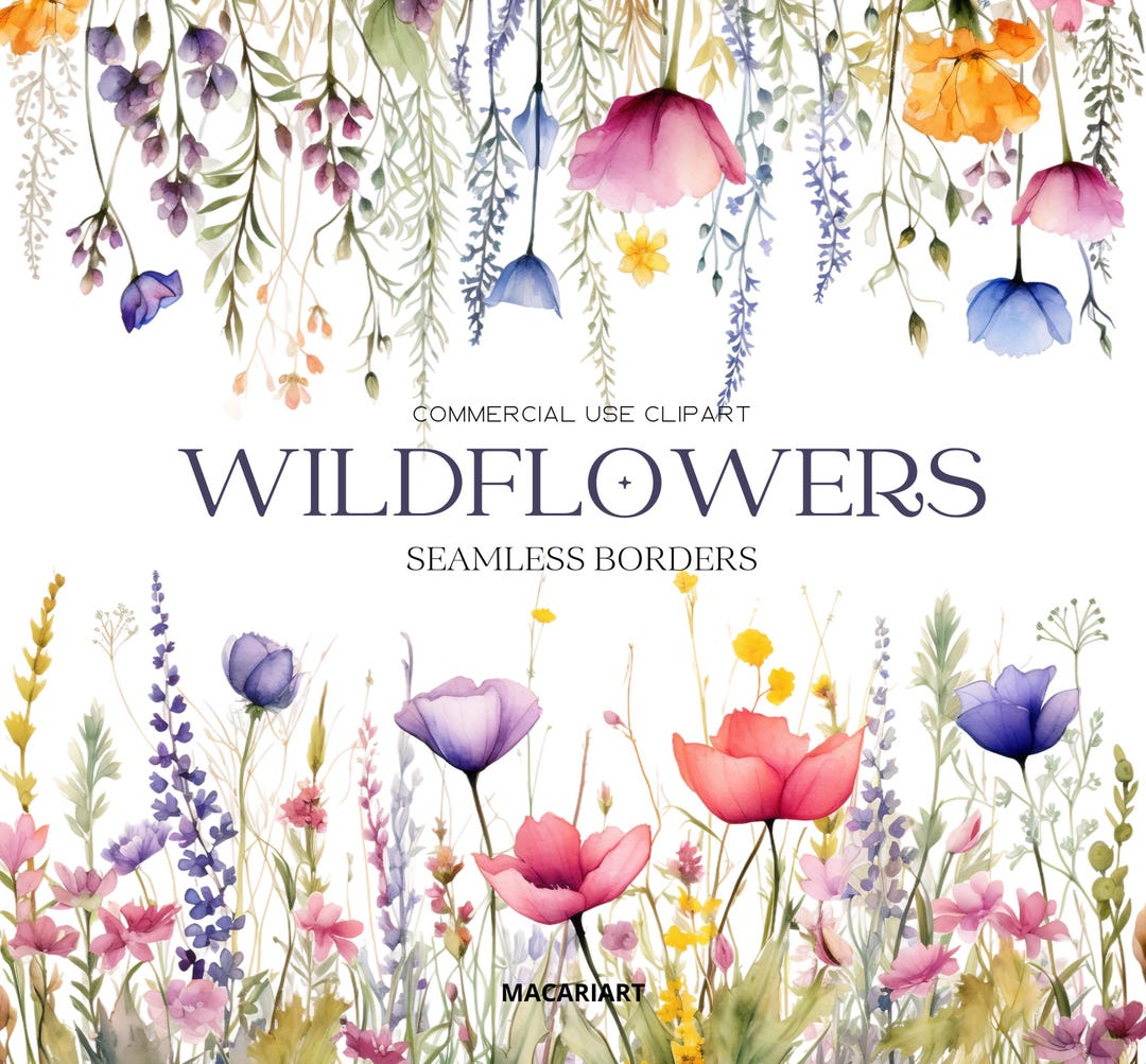 Watercolor Wildflower Borders Blue Red Seamless Wildflower Border Red ...
