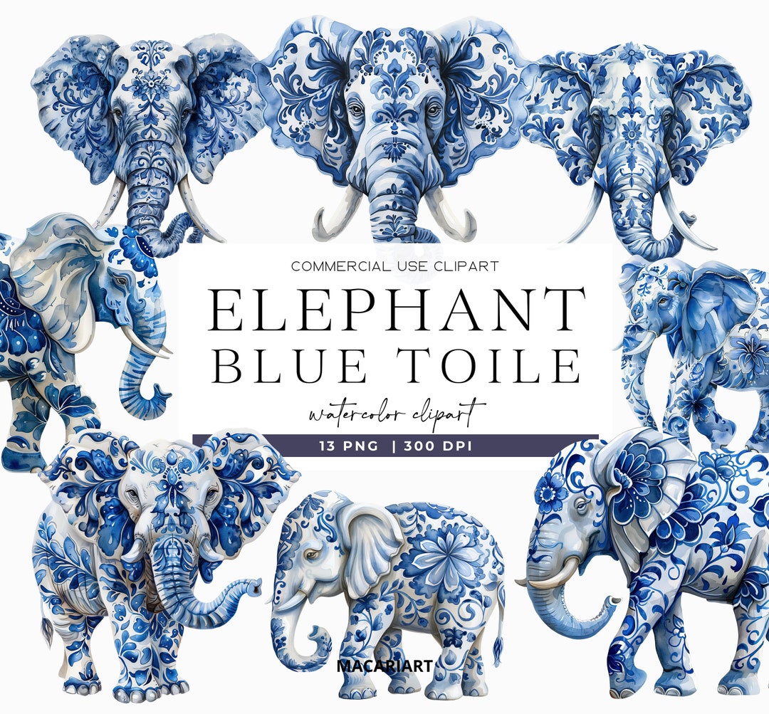 Toile Blue Elephant Clipart Watercolor Chinoiserie Toile De Jouy Jungle ...
