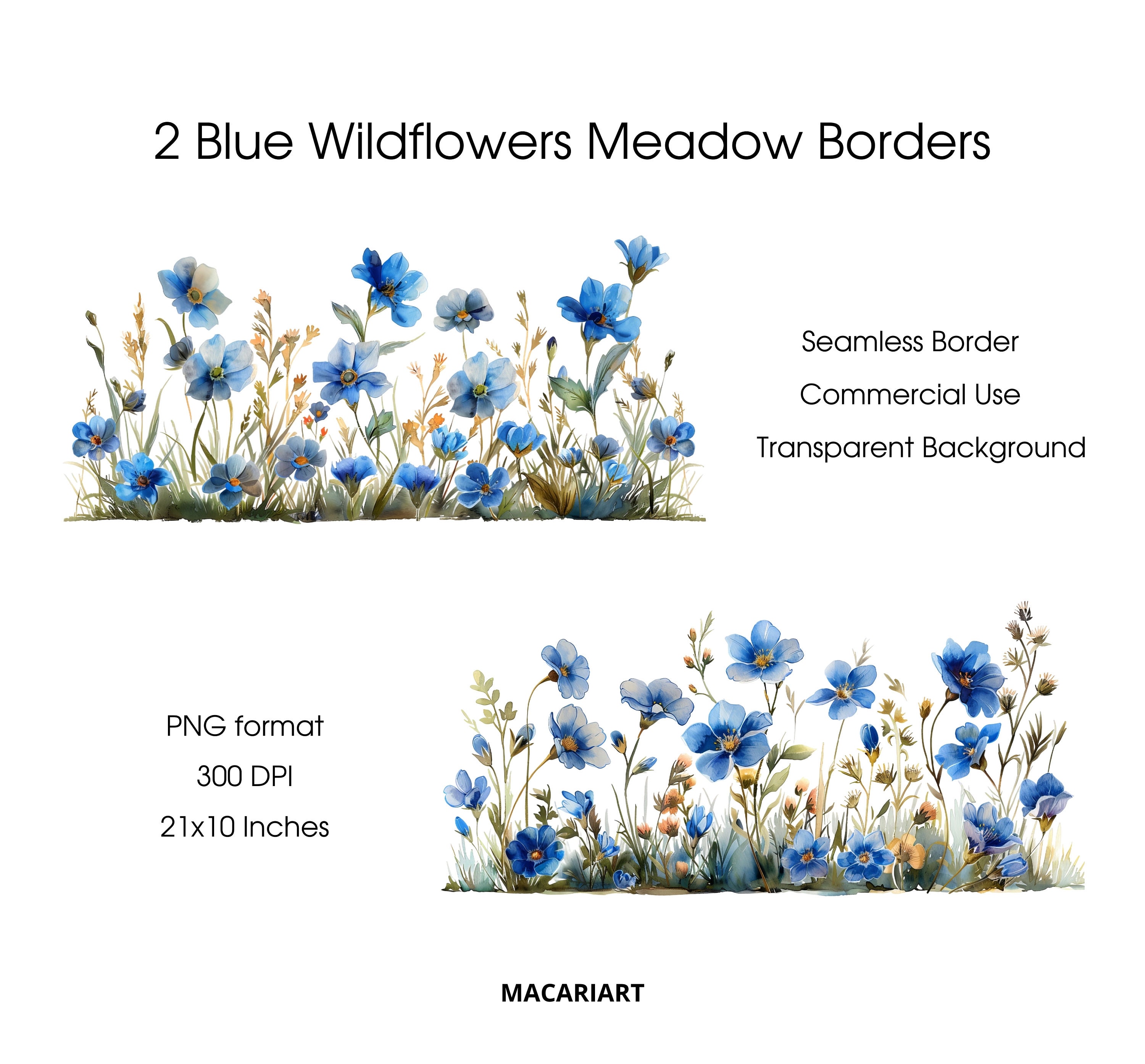 Blue Wildflowers Borders Clipart Floral Watercolor Borders Flowers ...