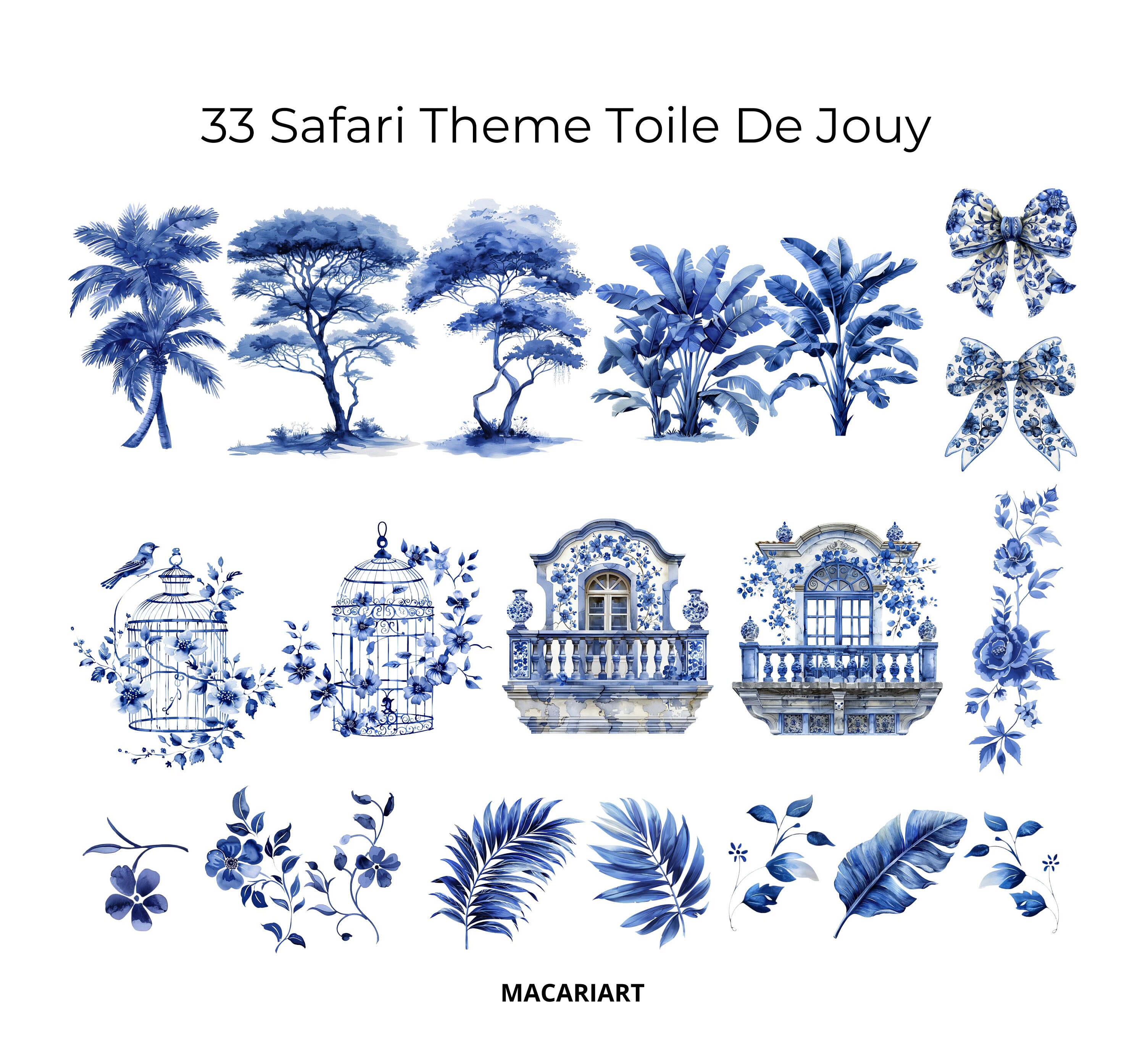 Blue Safari Toile Clipart Watercolor Chinoiserie Jungle Animals Baby ...