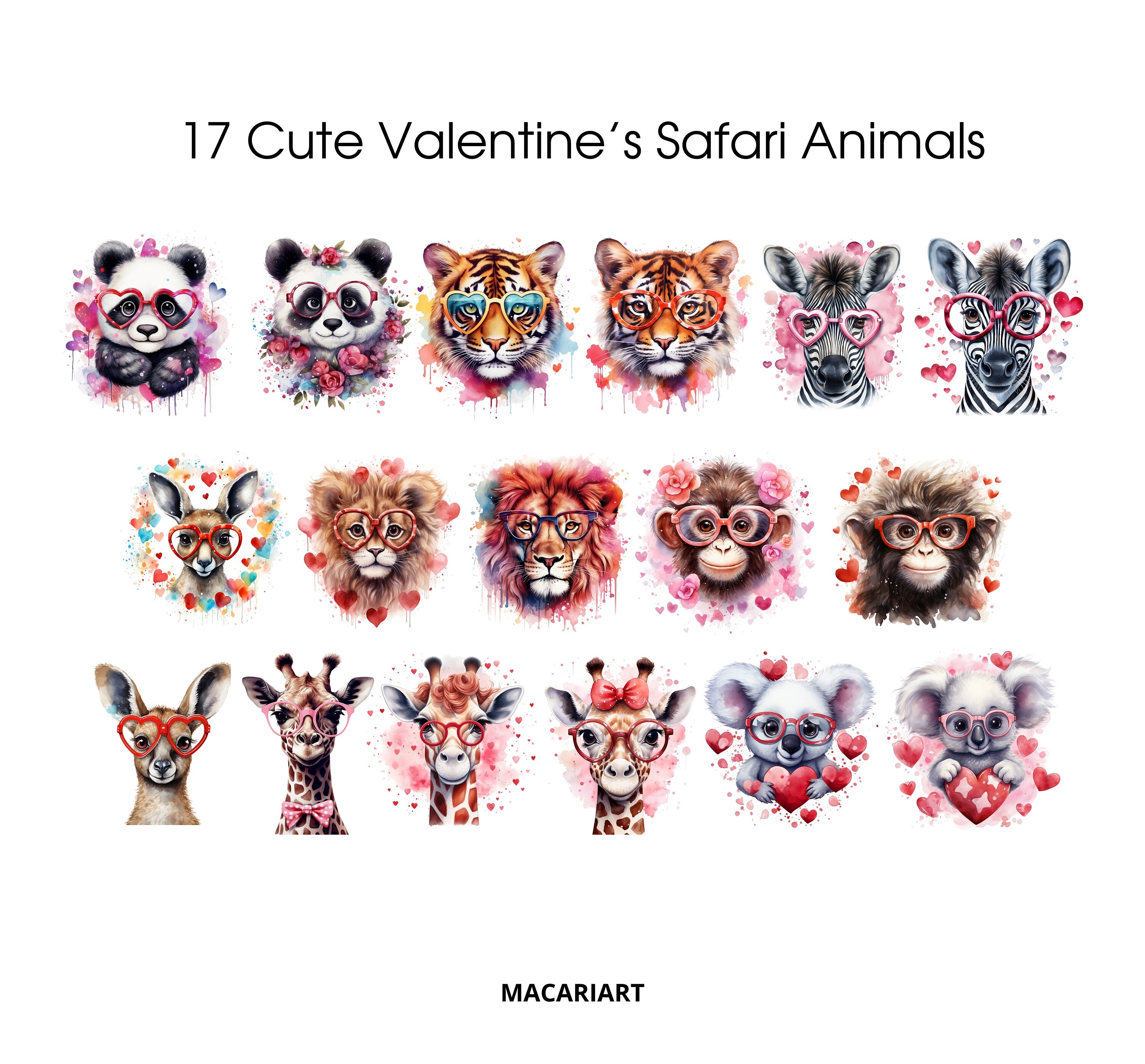 Safari Animals Clipart Watercolor Cute Animals Pack Valentines Wild ...