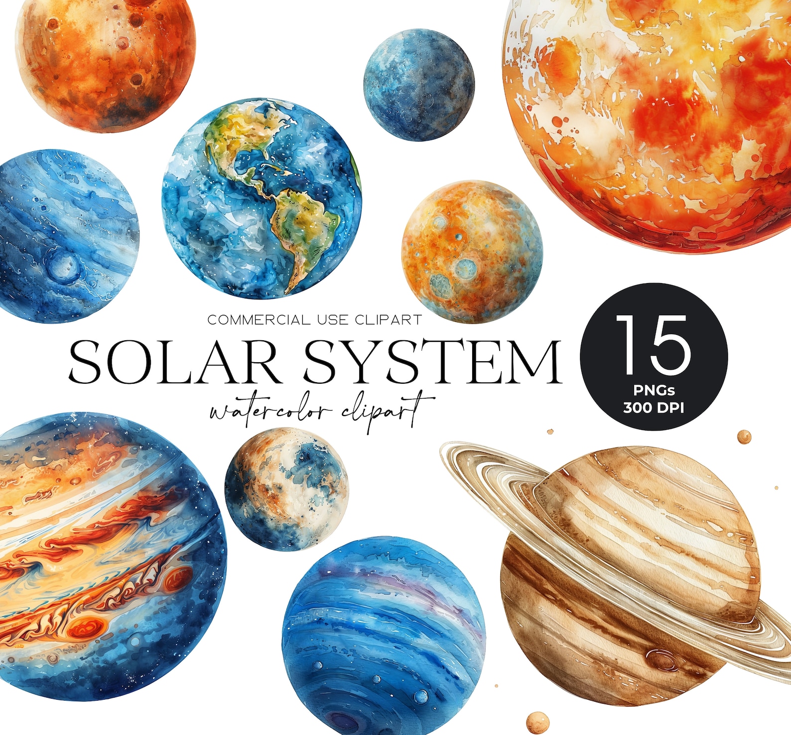 Watercolor Solar System Clipart Pack Planets Png Universe Clipart ...