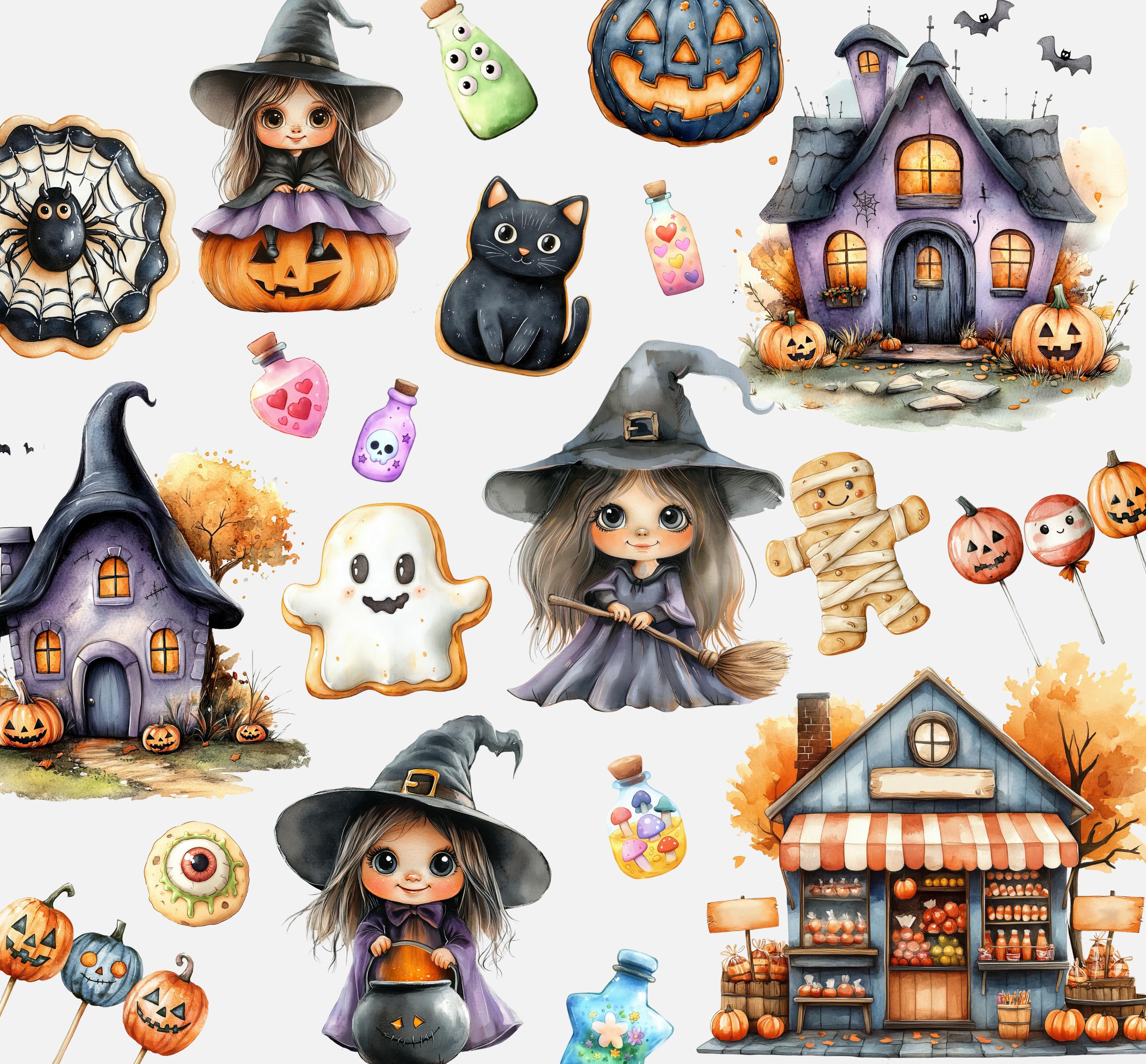 Halloween Clipart Bundle Watercolor Witch Black Cat Ghost Pumpkin ...