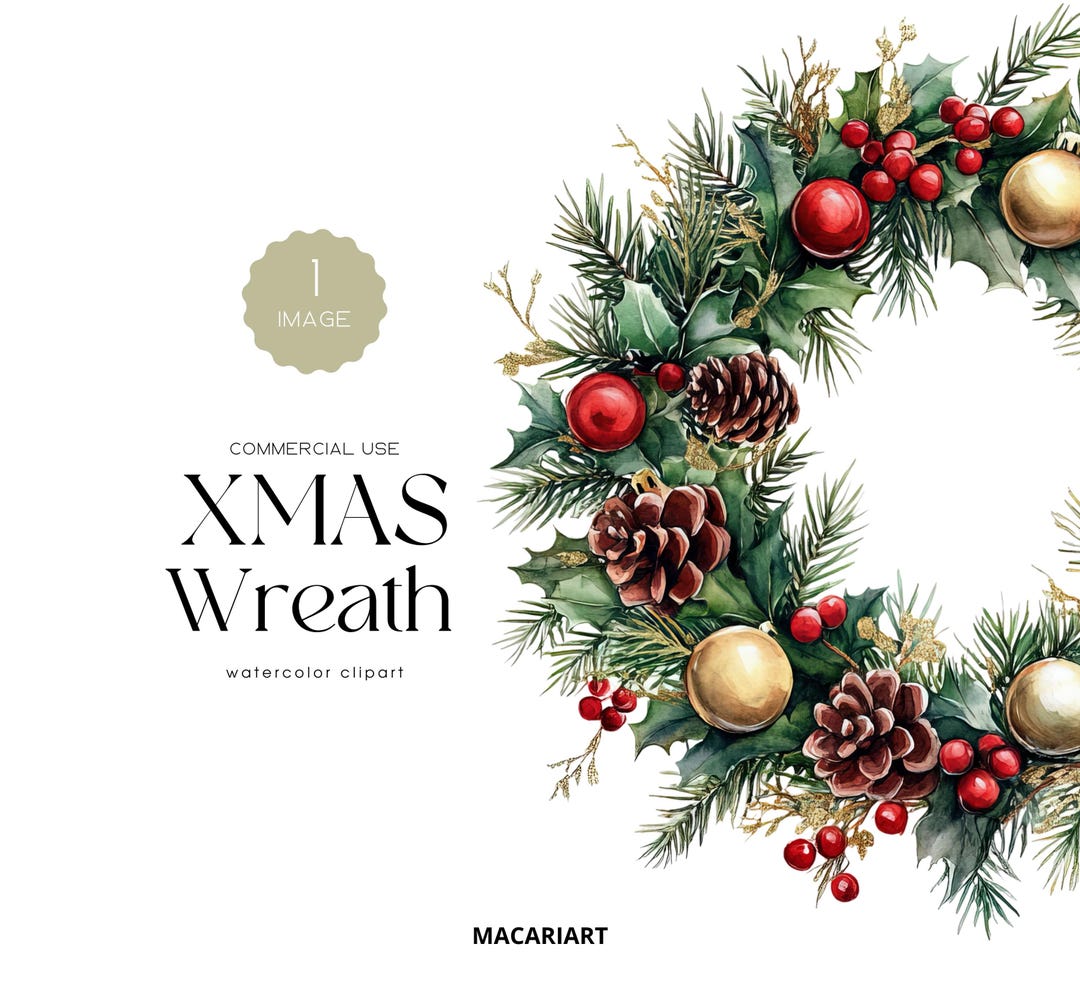 Christmas Wreath Clipart Watercolor Holly Wreath Holiday Clipart ...