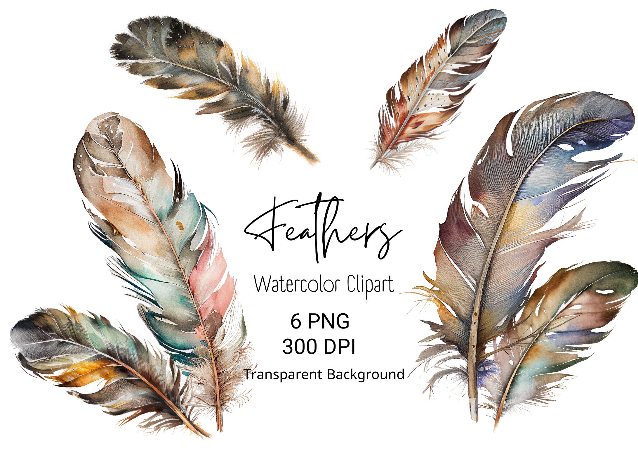 Feather Watercolor Clipart Boho Feather Digital Clipart - Etsy