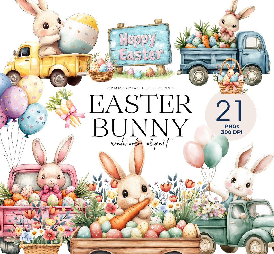 Easter Bunny Truck Clipart, Happy Easter Bunny Png, Floral Easter ...