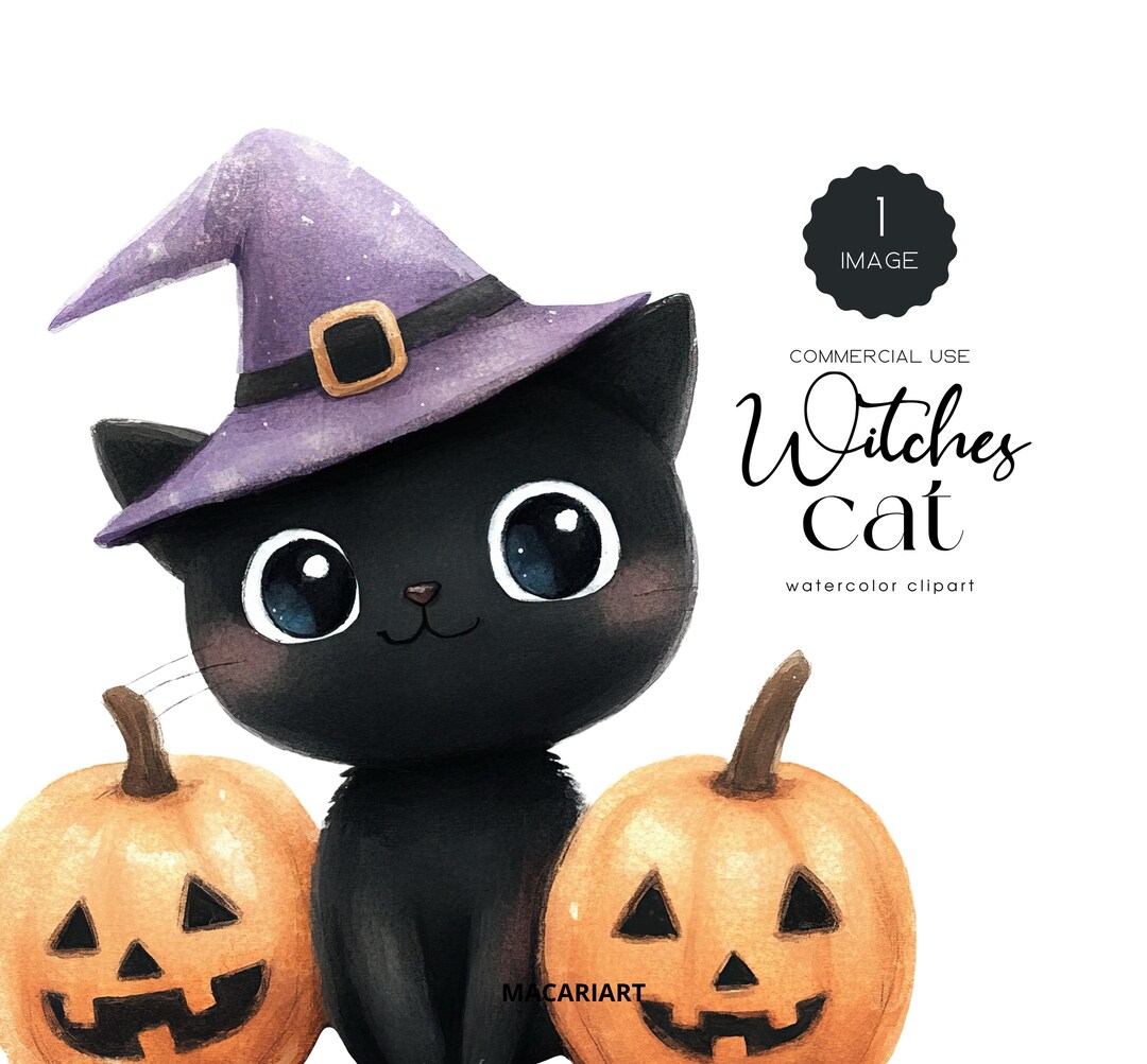 Cute Halloween Black Cat Clipart Bundle Watercolor Witch Cat Png Funny ...