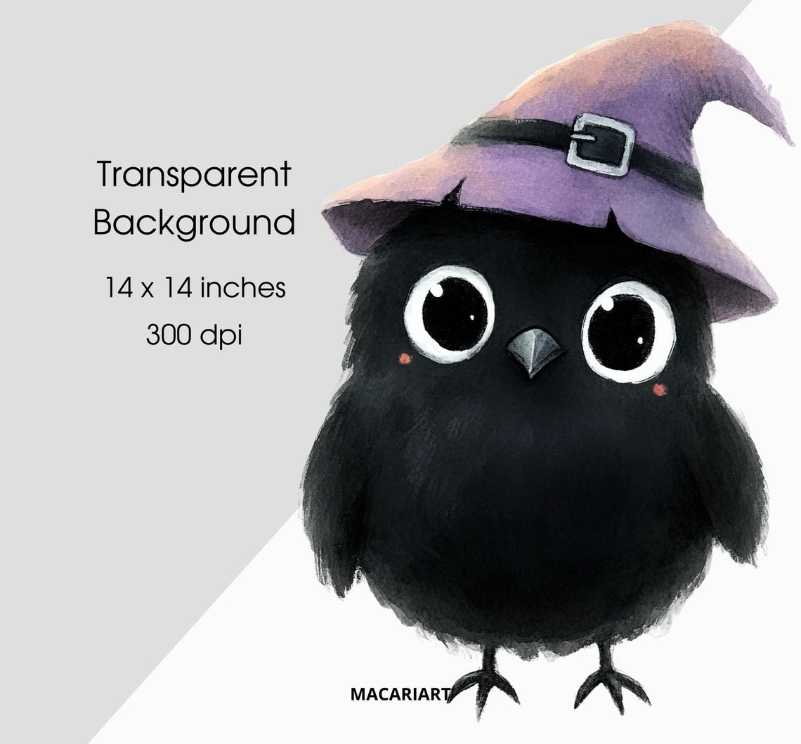 Cute Raven Clipart Watercolor Witches Raven Png Black Raven Halloween ...