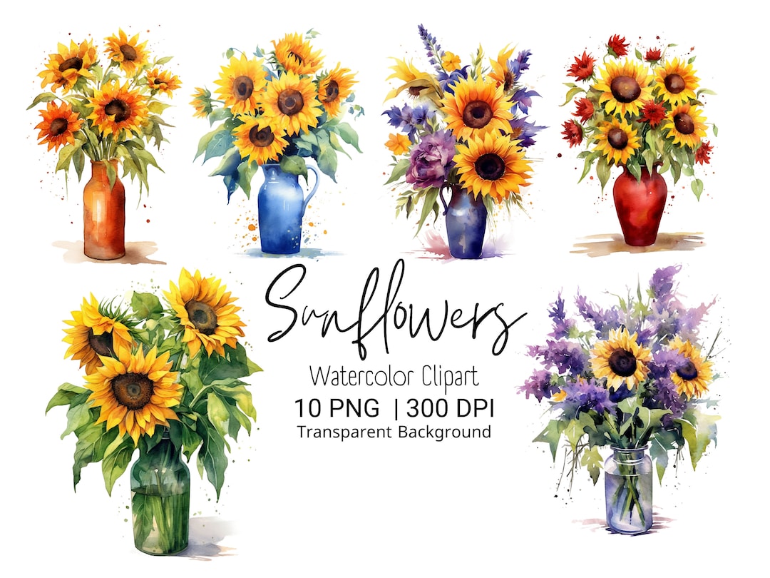 Watercolor Sunflowers in Vase Clipart Sunflower Floral Bouquets Floral ...