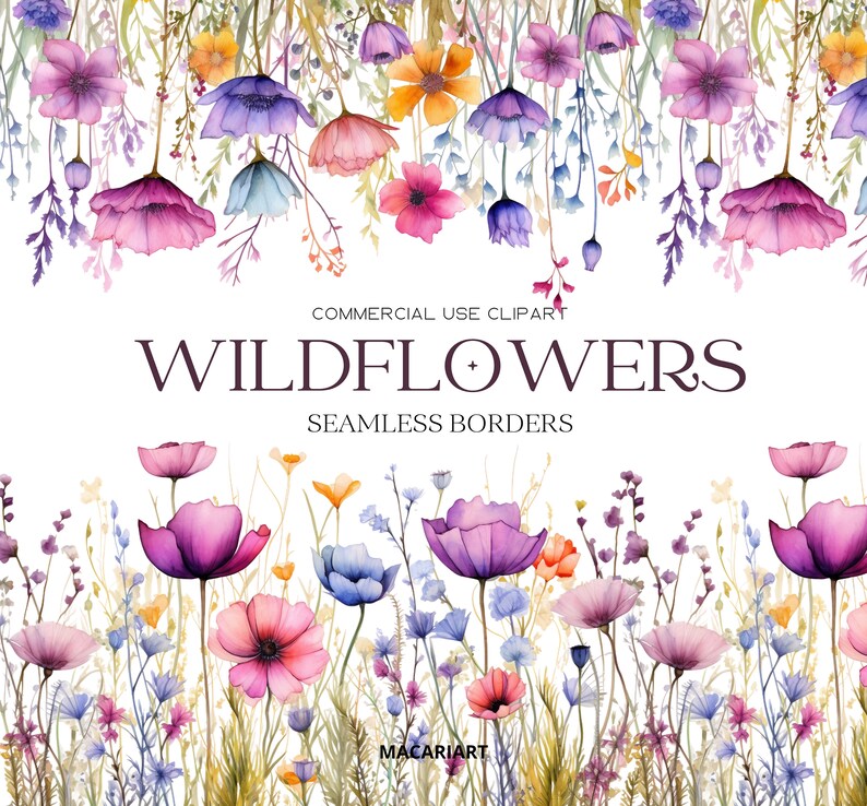 Wildflowers Borders Clipart Floral Watercolor Borders Flowers Seamless ...