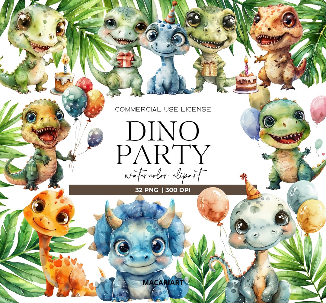 Watercolor Dinosaur Birthday Party Clipart Cute Dino Png Nursery ...