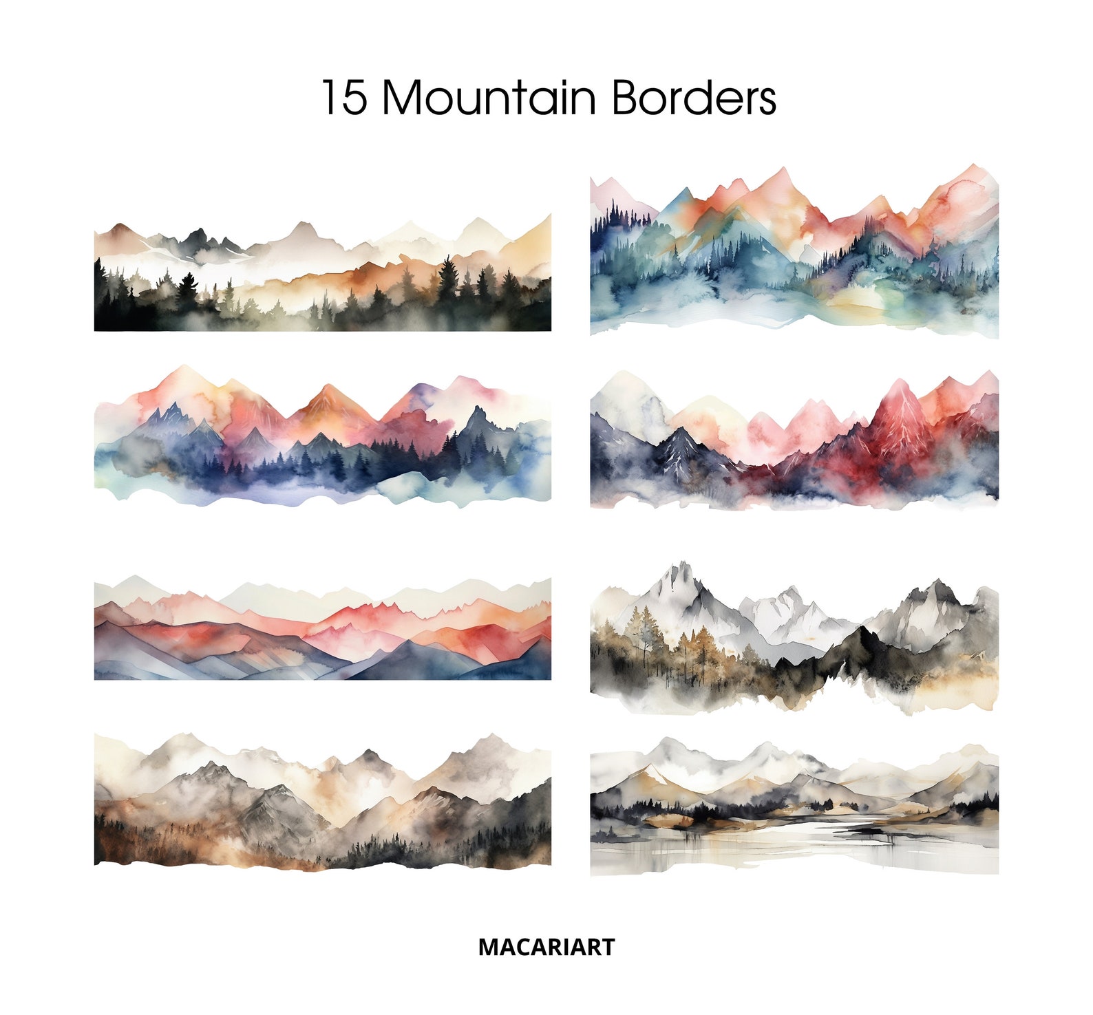 Watercolor Mountain Clipart Png Forest Landscape Mountain Border Nature ...