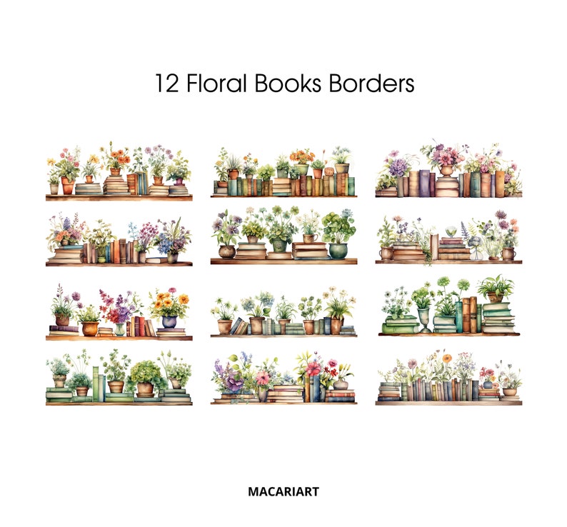 Floral Book Border Clipart Watercolor Bookshelf Png Book With Flowers ...
