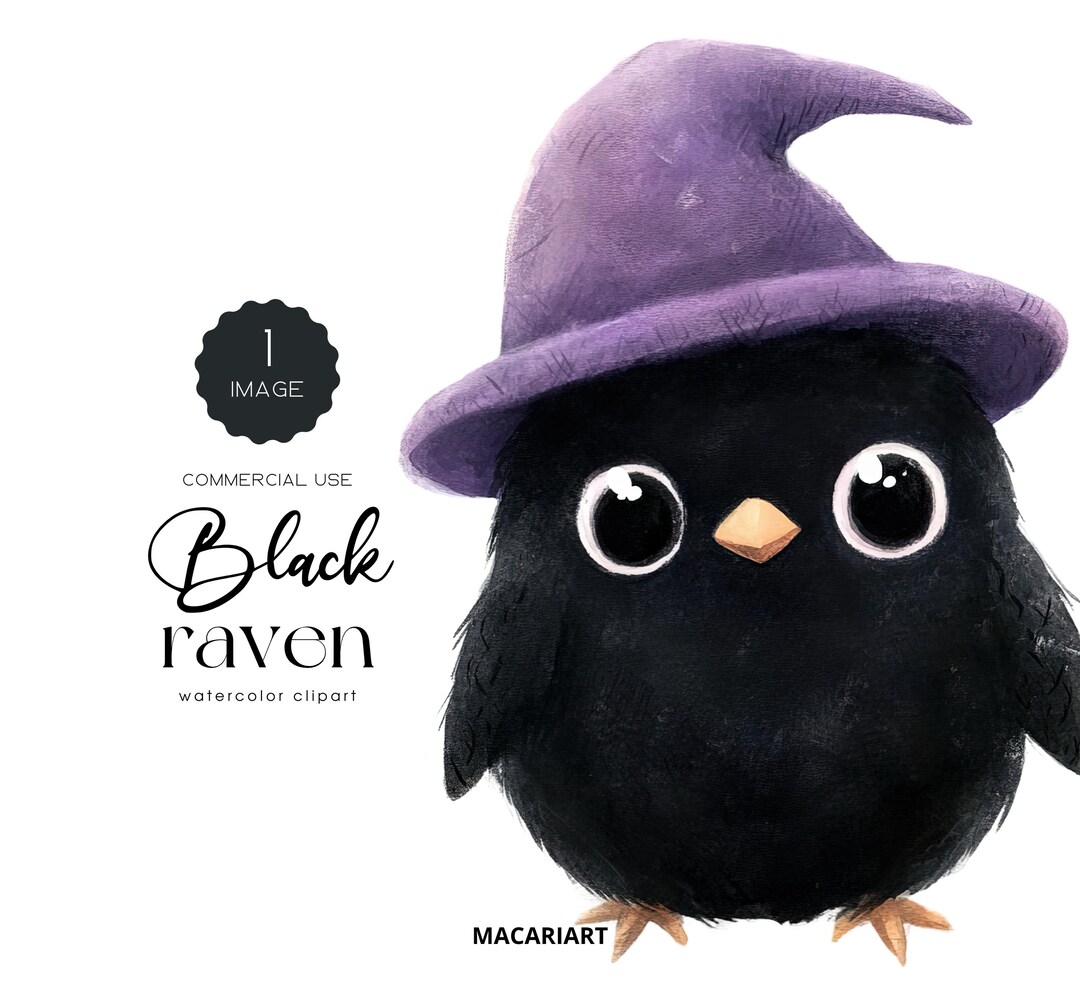 Cute Raven in Purple Hat Clipart Watercolor Witches Raven Png Black ...