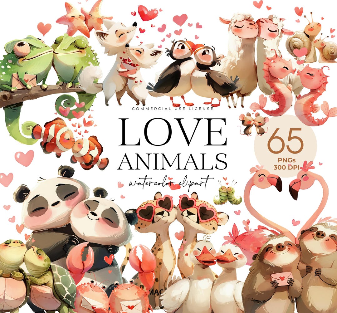 Quirky Animal Love Clipart, Valentine's Day Clipart, Couple Animals Art ...