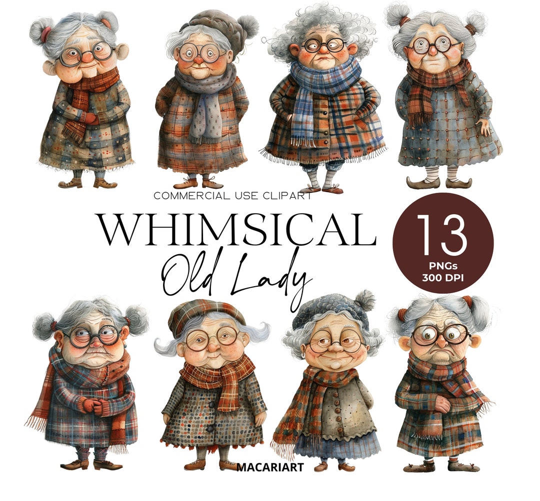 Whimsical Old Lady Clipart Quirky Woman Funny Old Ladies Clipart Old ...