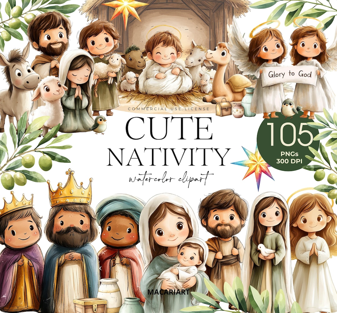 Cute Nativity Scene Clipart, Watercolor Christmas Jesus Birth, Baby ...