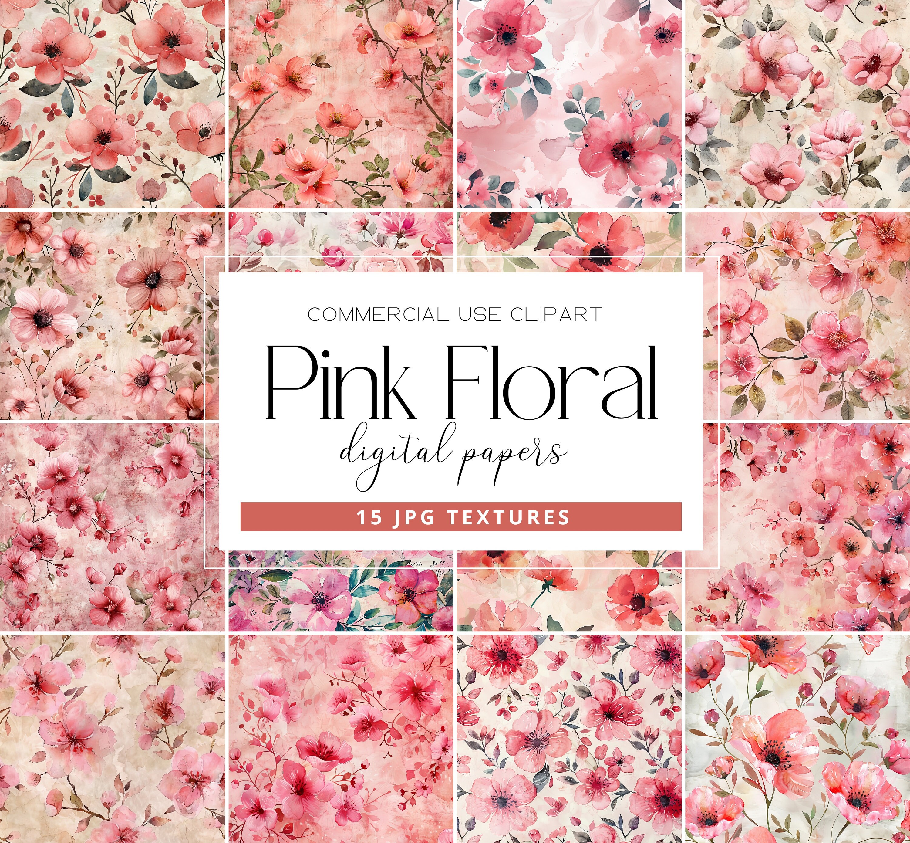 Pink Floral Digital Papers Watercolor Wildflowers Printable Papers Pack ...