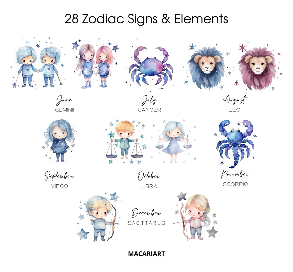Zodiac Signs Clipart Baby Astrology Star Signs Baby Animal Watercolor ...