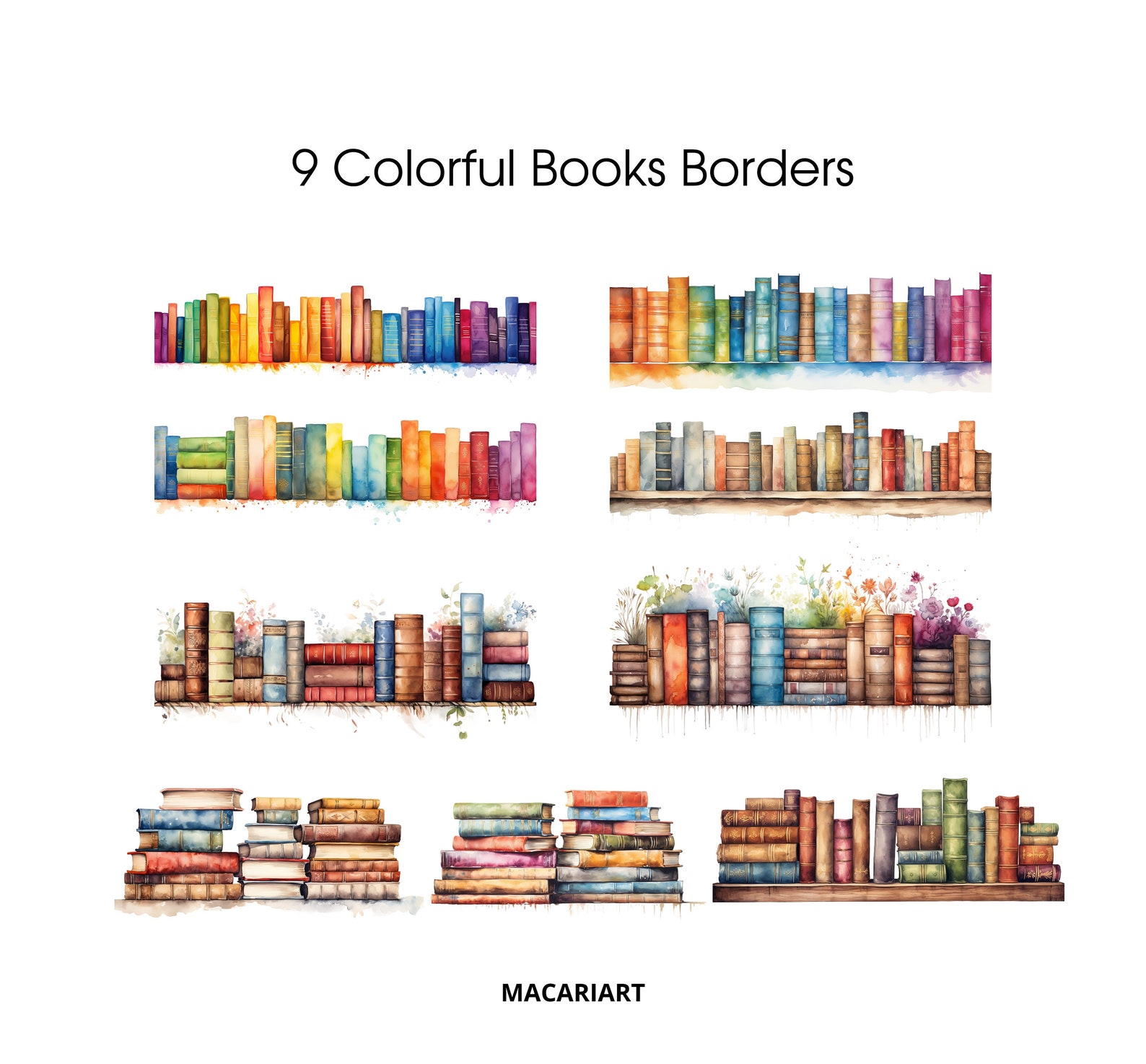 Watercolor Book Border Clipart Bookshelf Png Book Graphics Reading ...