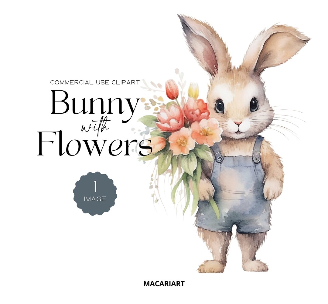 Watercolor Bunny With Flowers Clipart Pack Nursery Spring Clipart ...