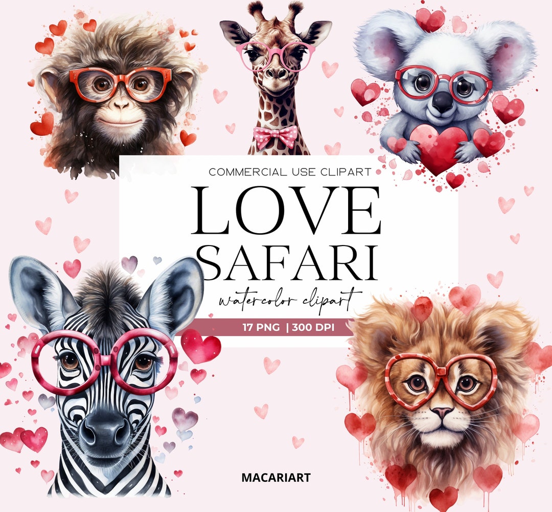 Safari Animals Clipart Watercolor Cute Animals Pack Valentines Wild ...
