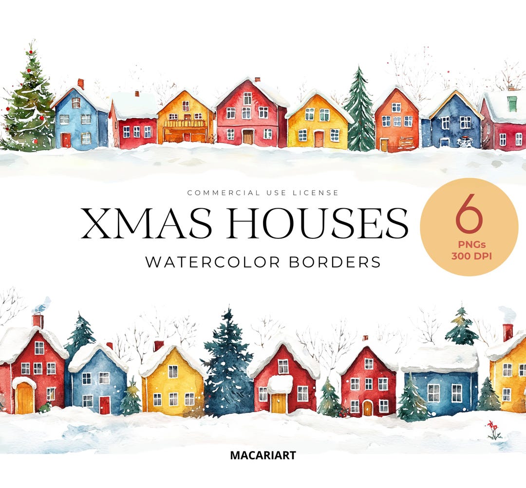 Christmas Houses Borders Clipart, Watercolor Christmas Village Png ...