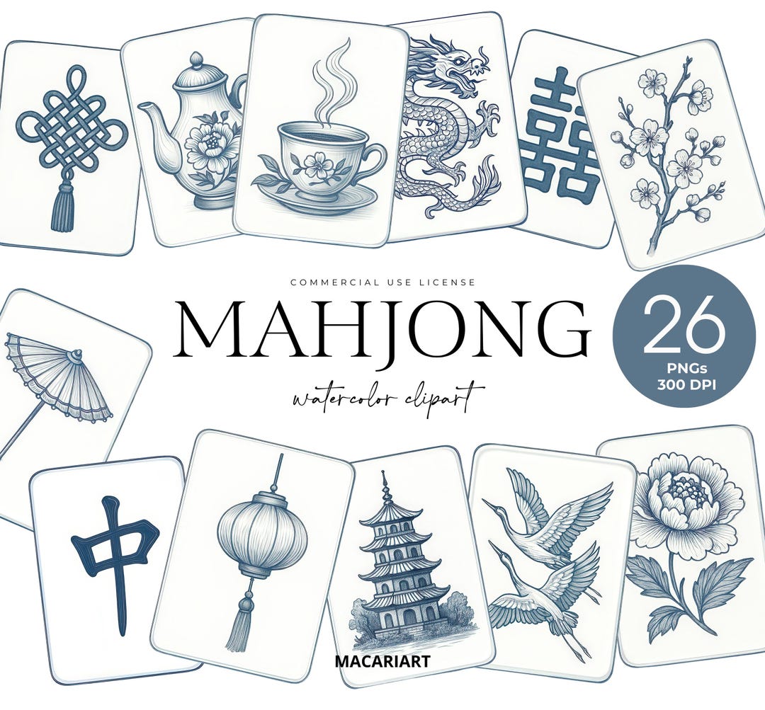 Mahjong Clipart, Toile De Jouy Mahjong Tiles, Watercolor Mahjong Png ...