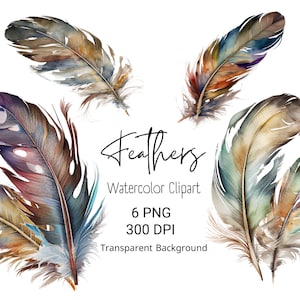 Feather Watercolor Clipart Boho Feather Digital Clipart - Etsy