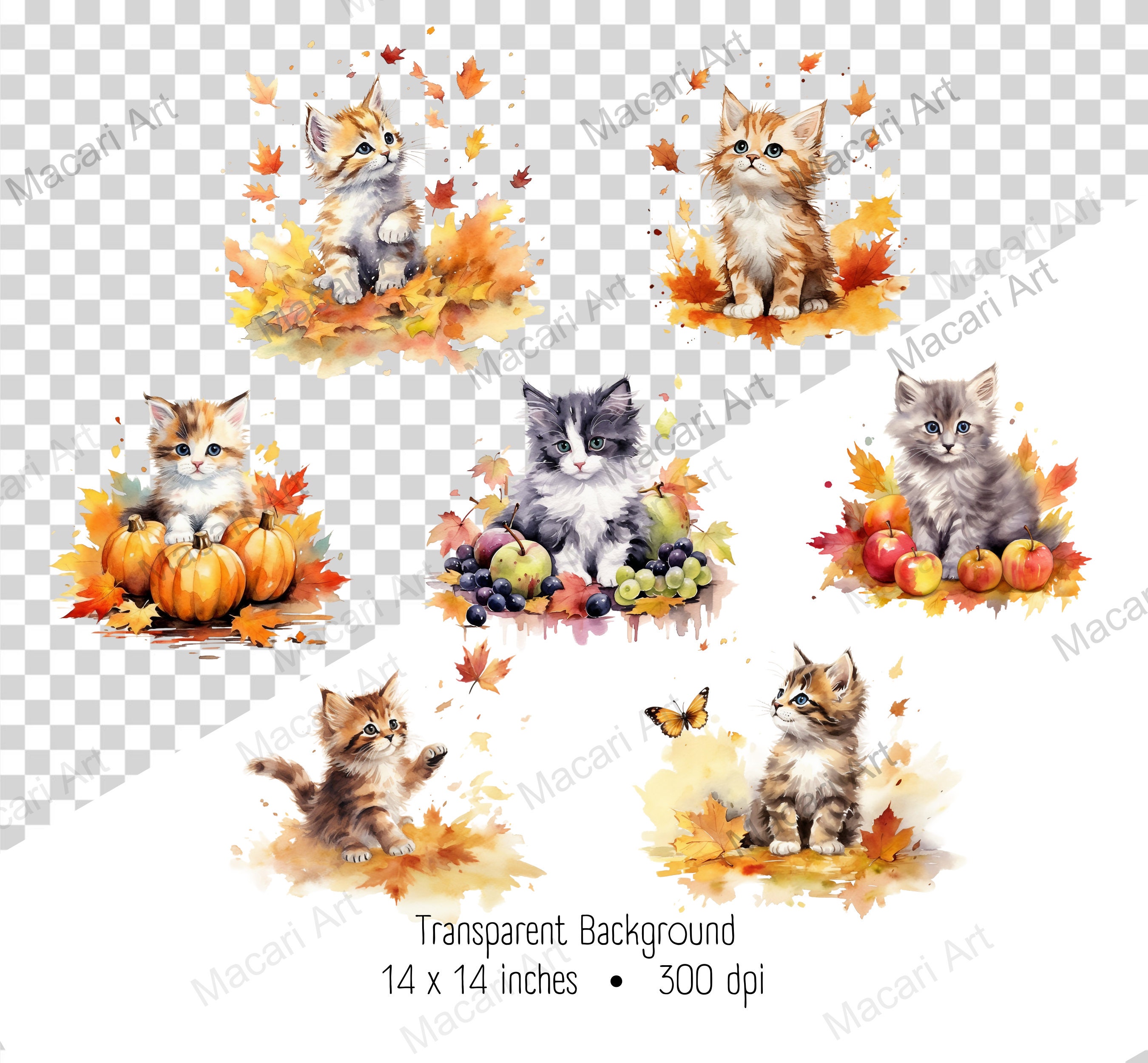 Watercolor Fall Clipart Fall Kittens Clipart Halloween Cat - Etsy