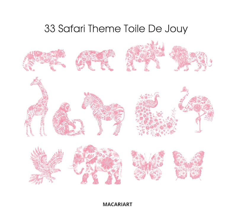 Pink Safari Toile Clipart Watercolor Chinoiserie Jungle Animals Baby ...