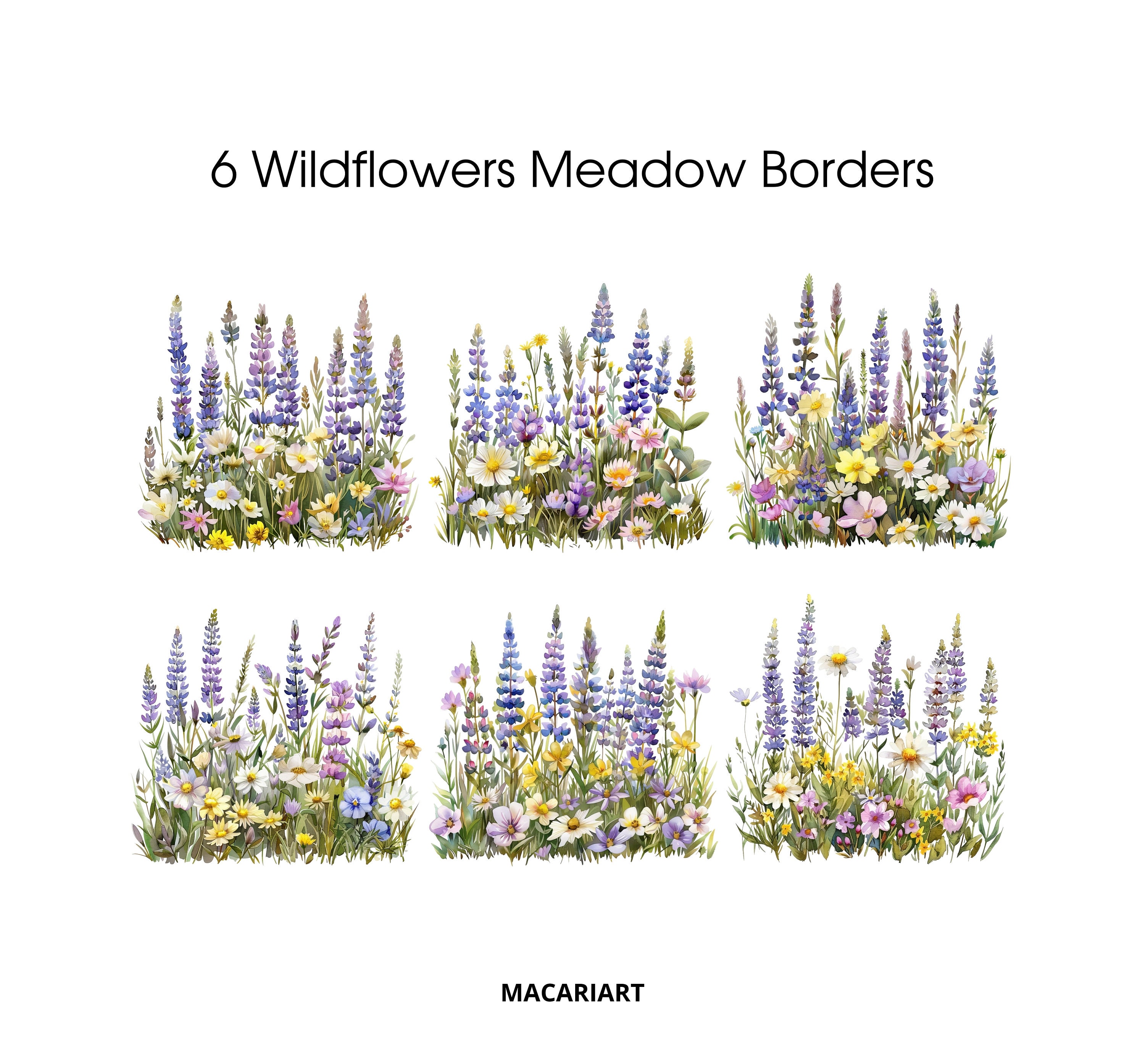 Wildflowers Borders Clipart Floral Watercolor Borders Lavender Flowers ...