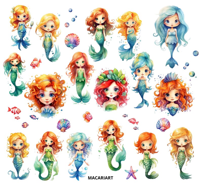 Little Mermaid Clipart Watercolor Mermaid Under the Sea Watercolor ...