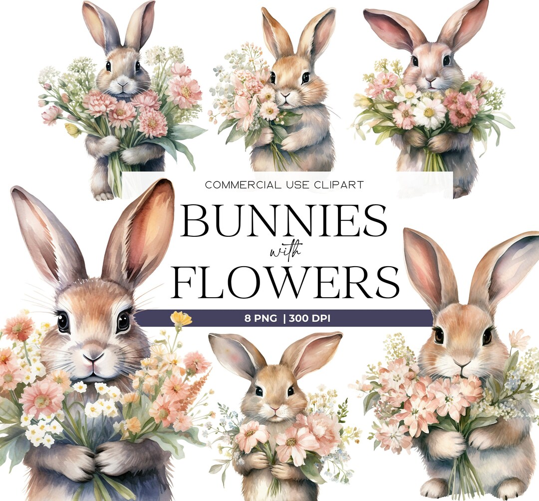 Watercolor Bunny With Flowers Clipart Pack Nursery Spring Clipart ...