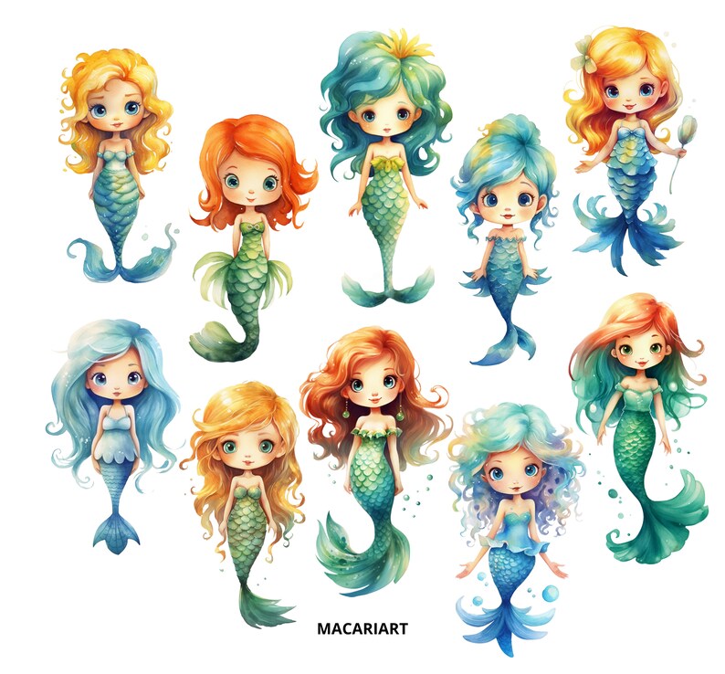 Mermaid Watercolor Clipart Pack, Mermaid Png, Little Mermaid Clipart ...