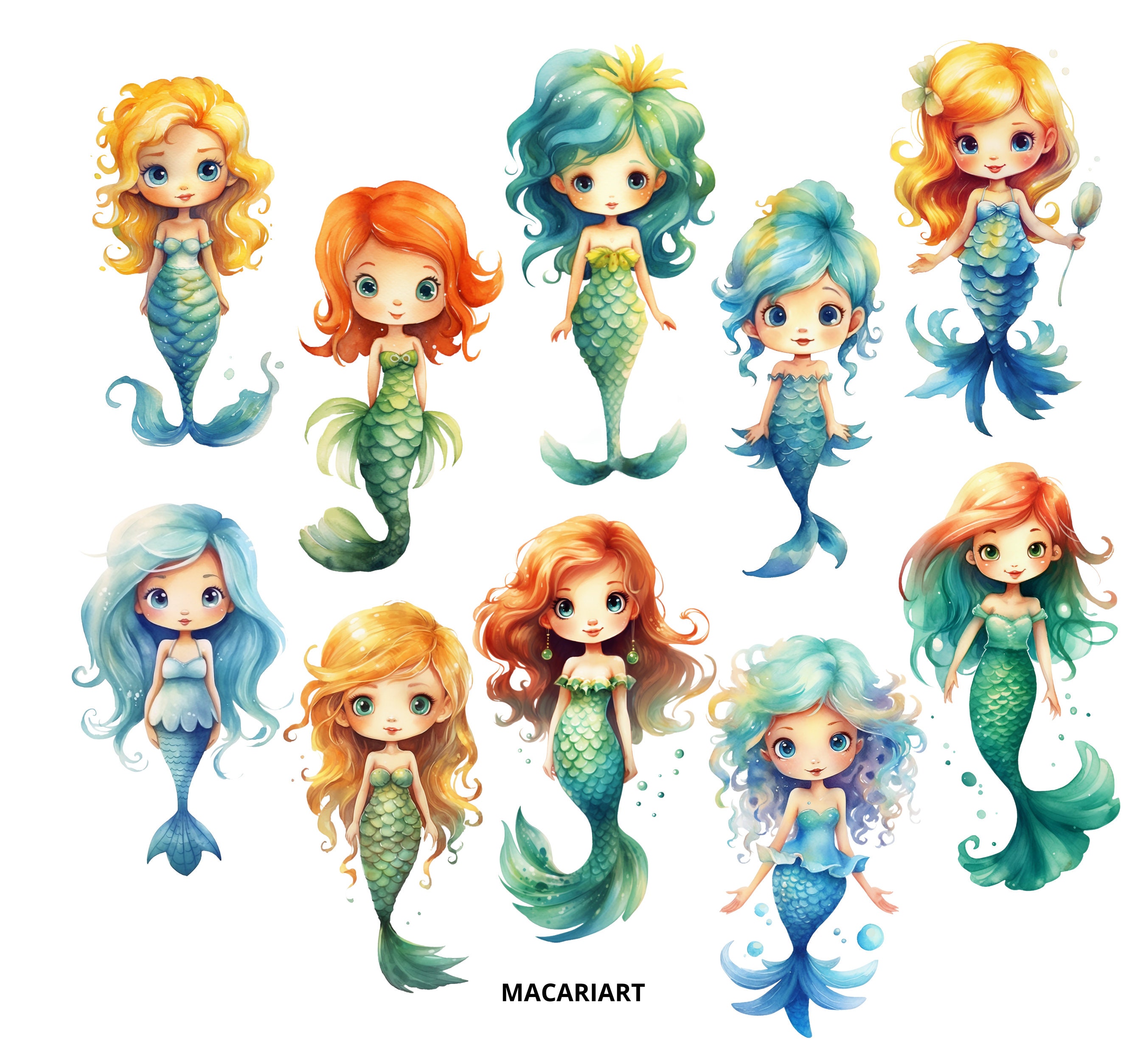 Mermaid Watercolor Clipart Pack, Mermaid Png, Little Mermaid Clipart ...