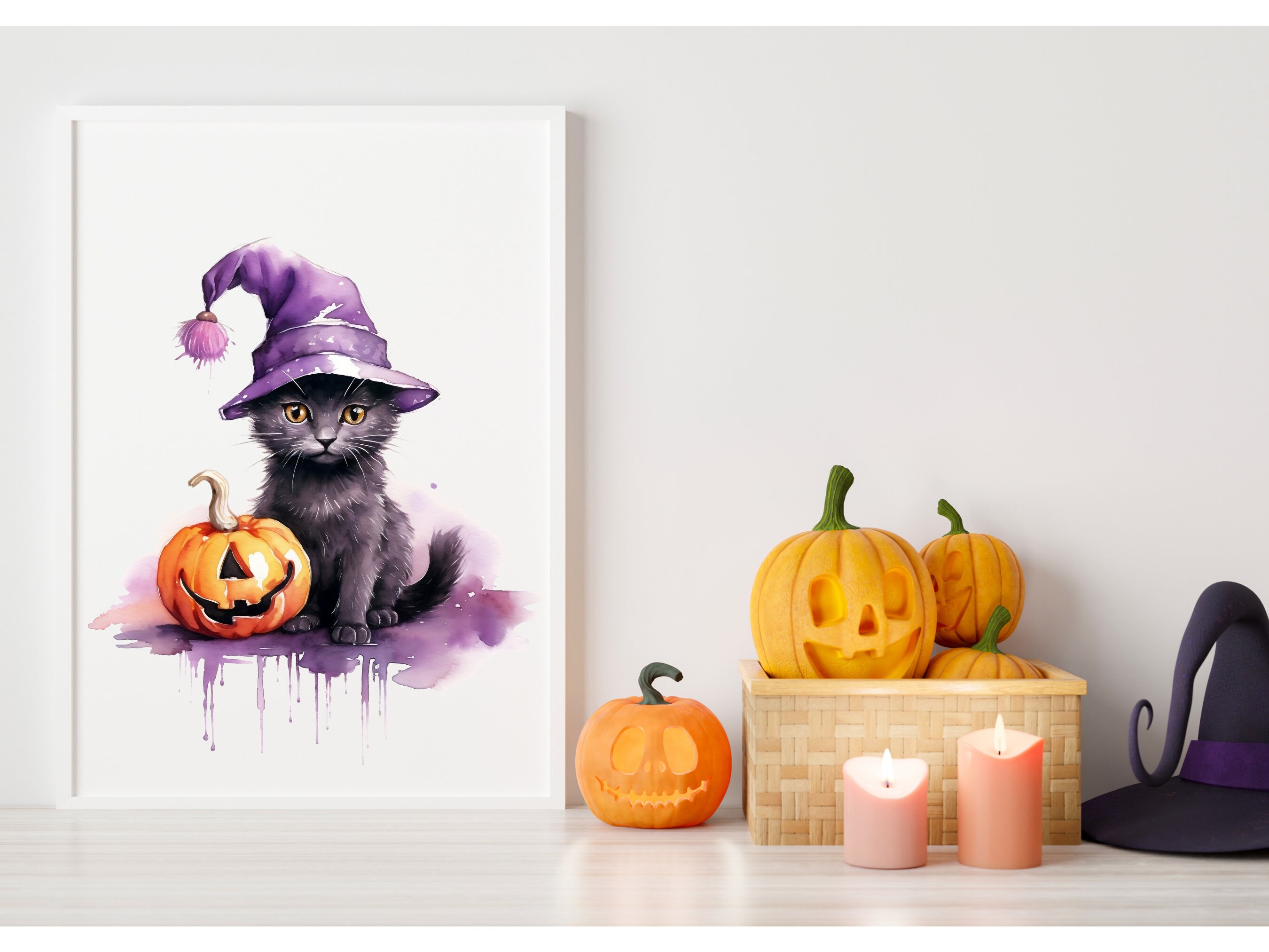 Halloween Cat Watercolor Clipart Witch Cat Halloween Png Black - Etsy