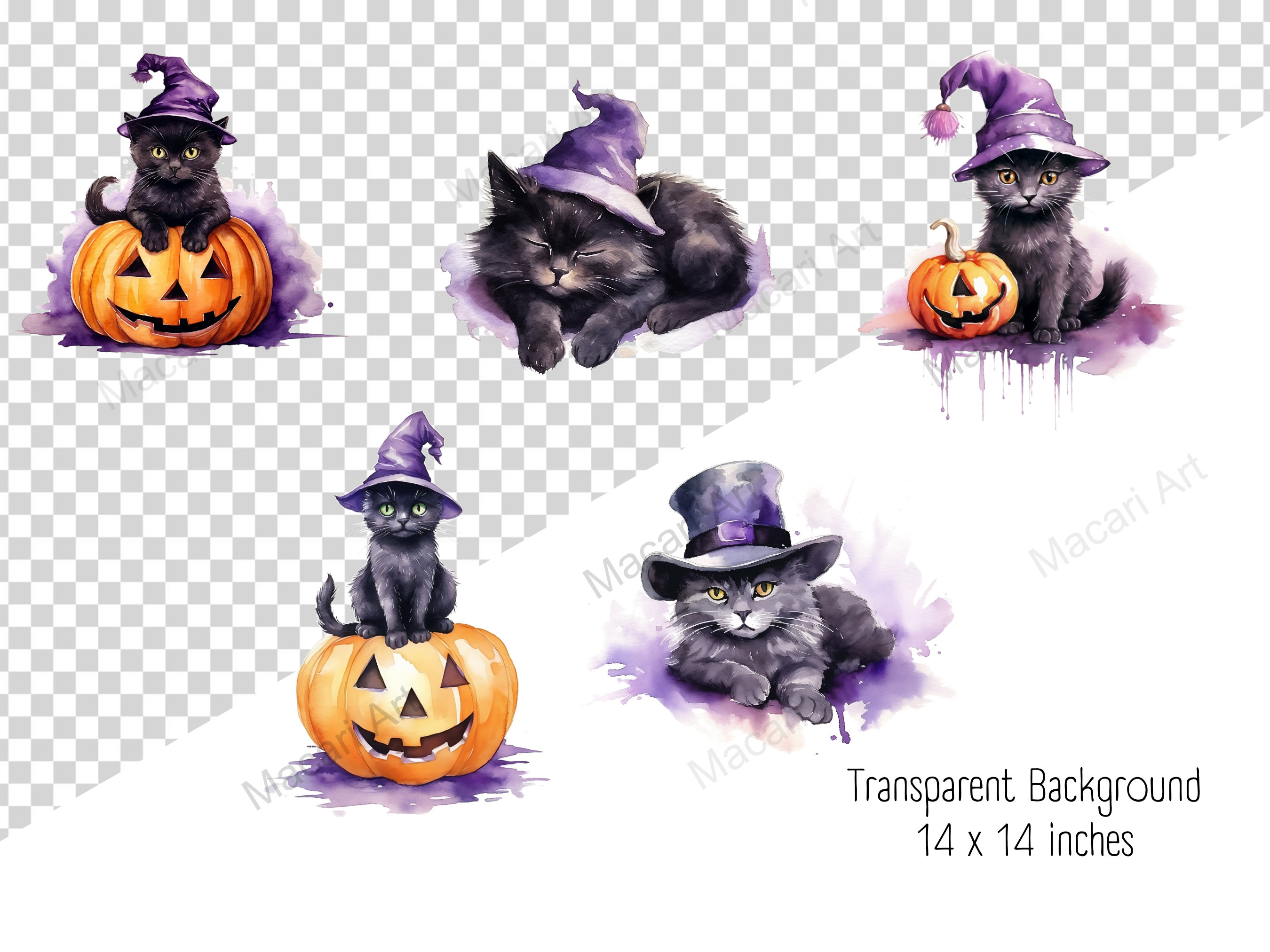 Halloween Cat Watercolor Clipart Witch Cat Halloween Png Black - Etsy