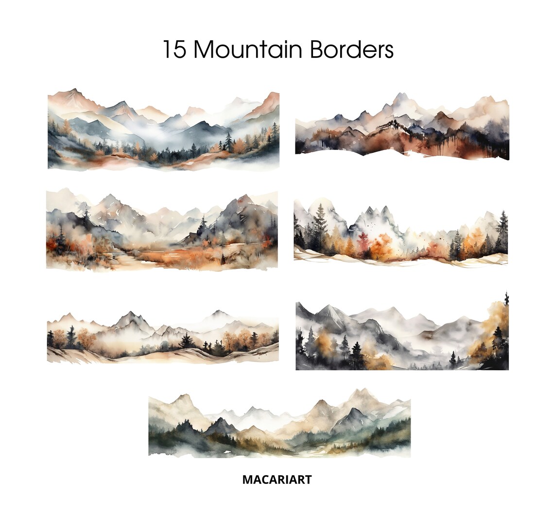 Watercolor Mountain Clipart Png Forest Landscape Mountain Border Nature ...