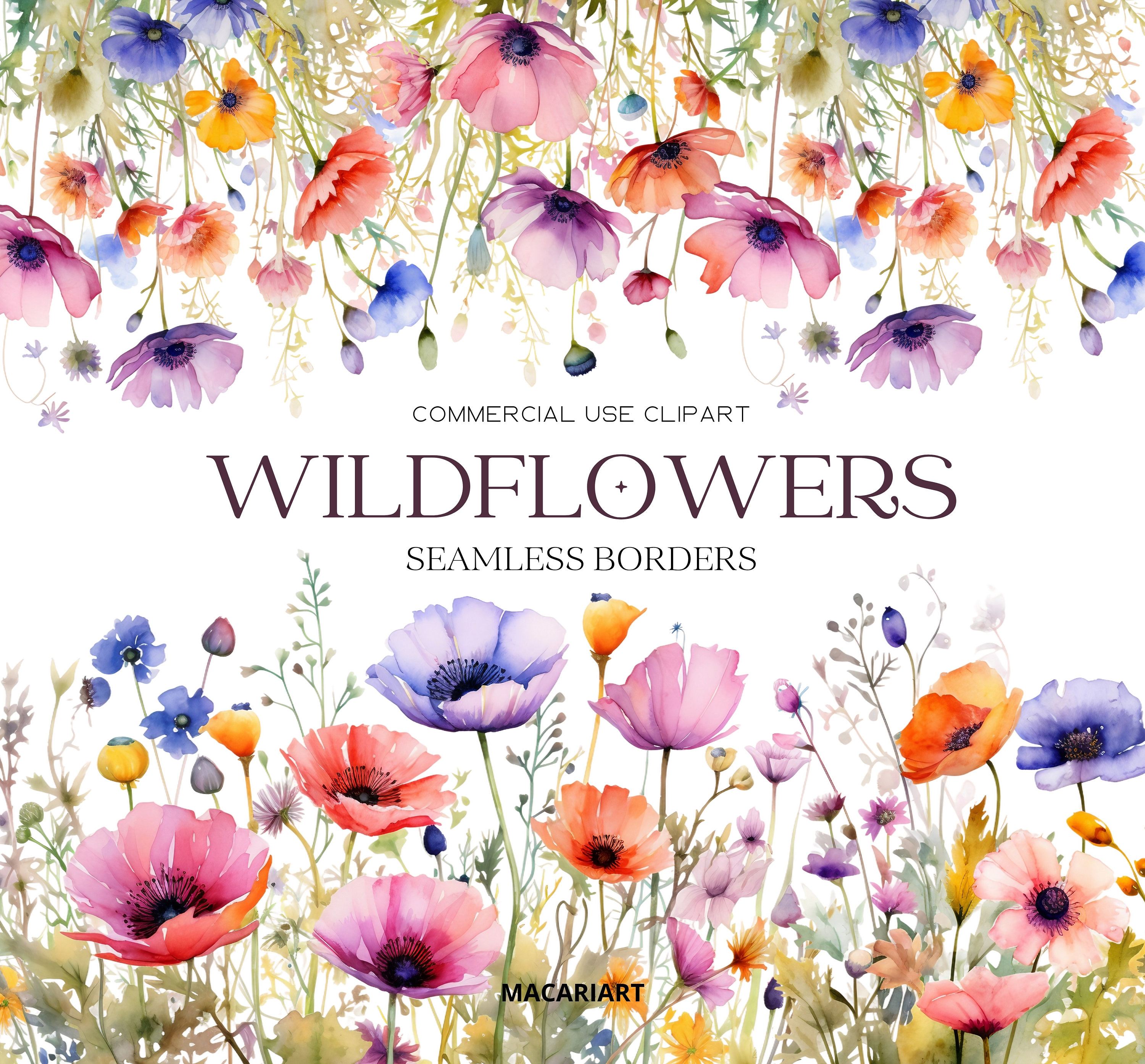 Wildflowers Borders Clipart Floral Watercolor Borders Red Flowers ...