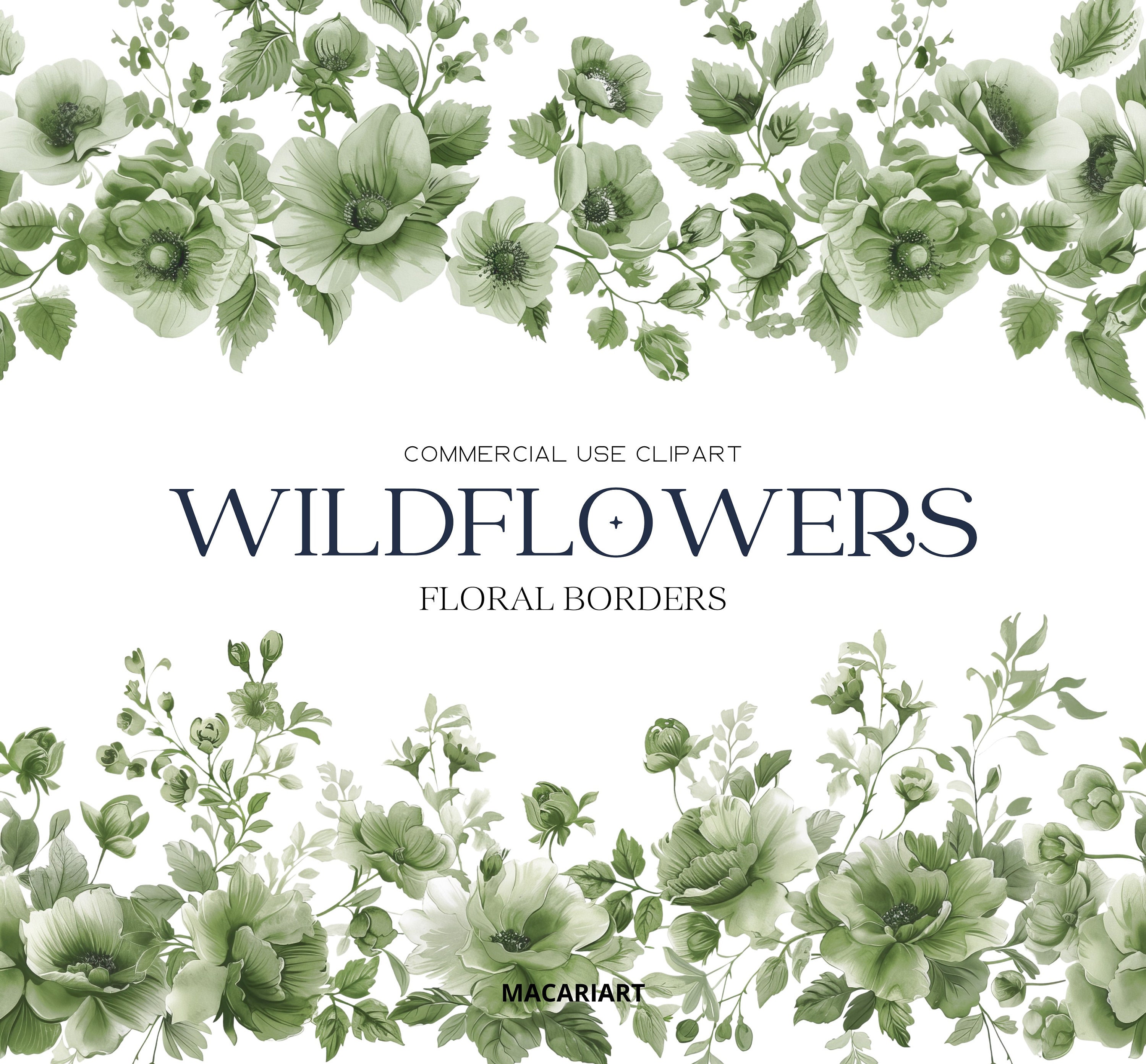 Floral Toile De Jouy Border Clipart Watercolor Green Toile Flowers ...