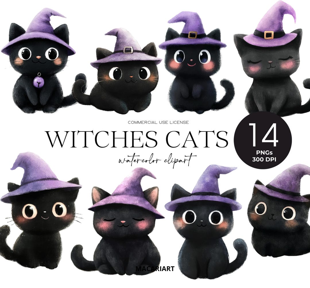Cute Halloween Black Cat Clipart Bundle Watercolor Witch Cat Png Funny ...