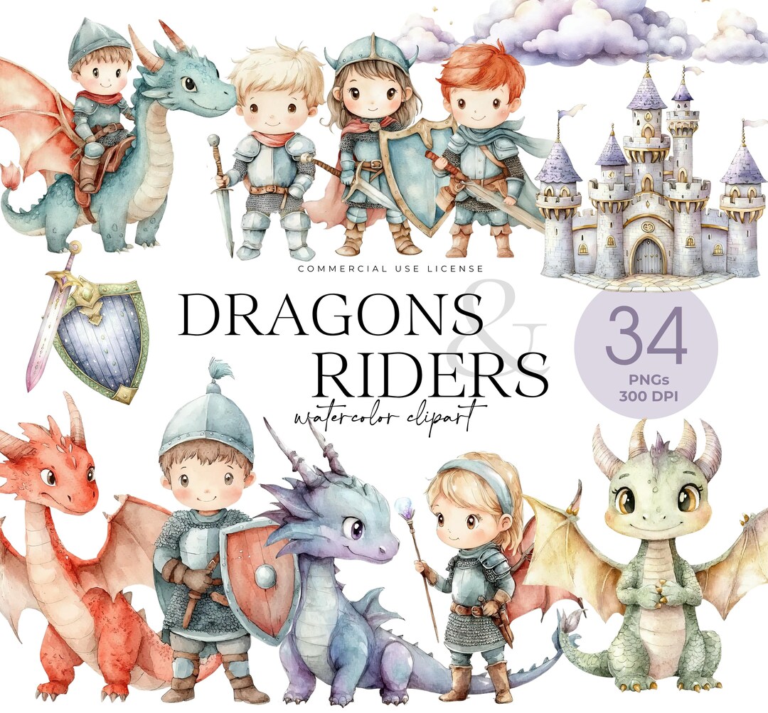 Dragon and Riders Clipart, Cute Baby Dragon, Magical Fairytale ...