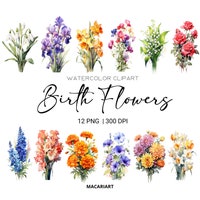 Watercolor Birth Month Flowers Clipart Bundle Digital Watercolor Birth ...