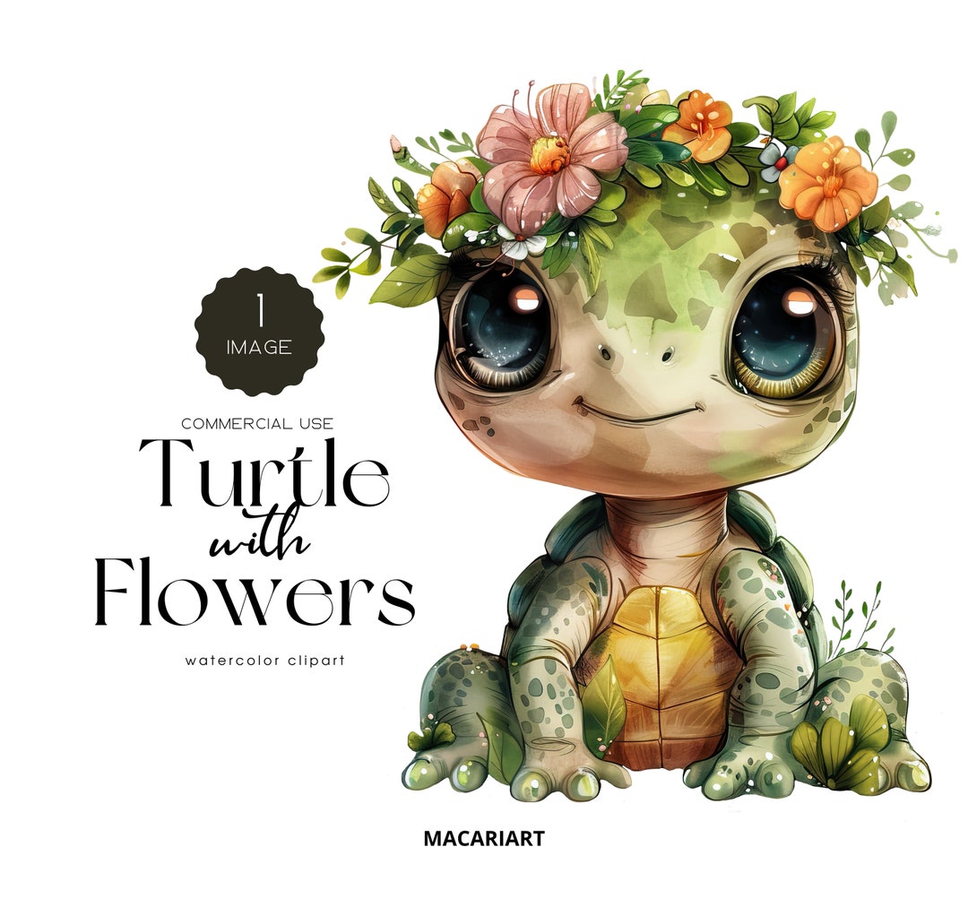 Baby Turtle With Flowers Clipart Watercolor Floral Cute Baby Turtle ...