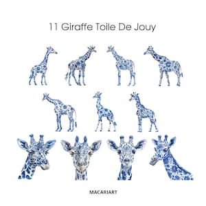 Toile Blue Giraffe Clipart Watercolor Chinoiserie Toile De Jouy Jungle ...