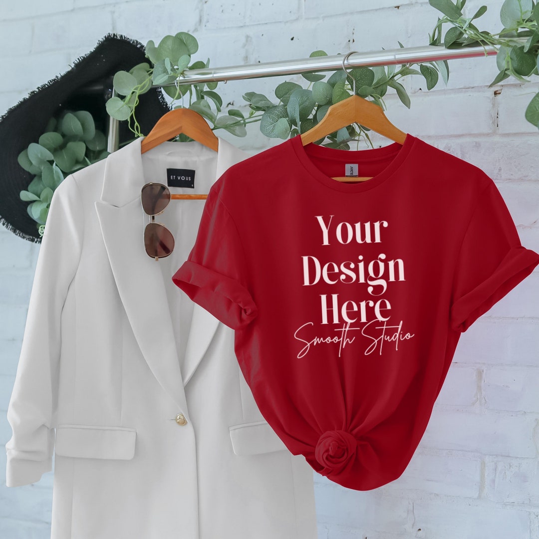 Cardinal Red Gildan 64000 Hanging Mockup, Cardinal Red T-shirt Mockup ...