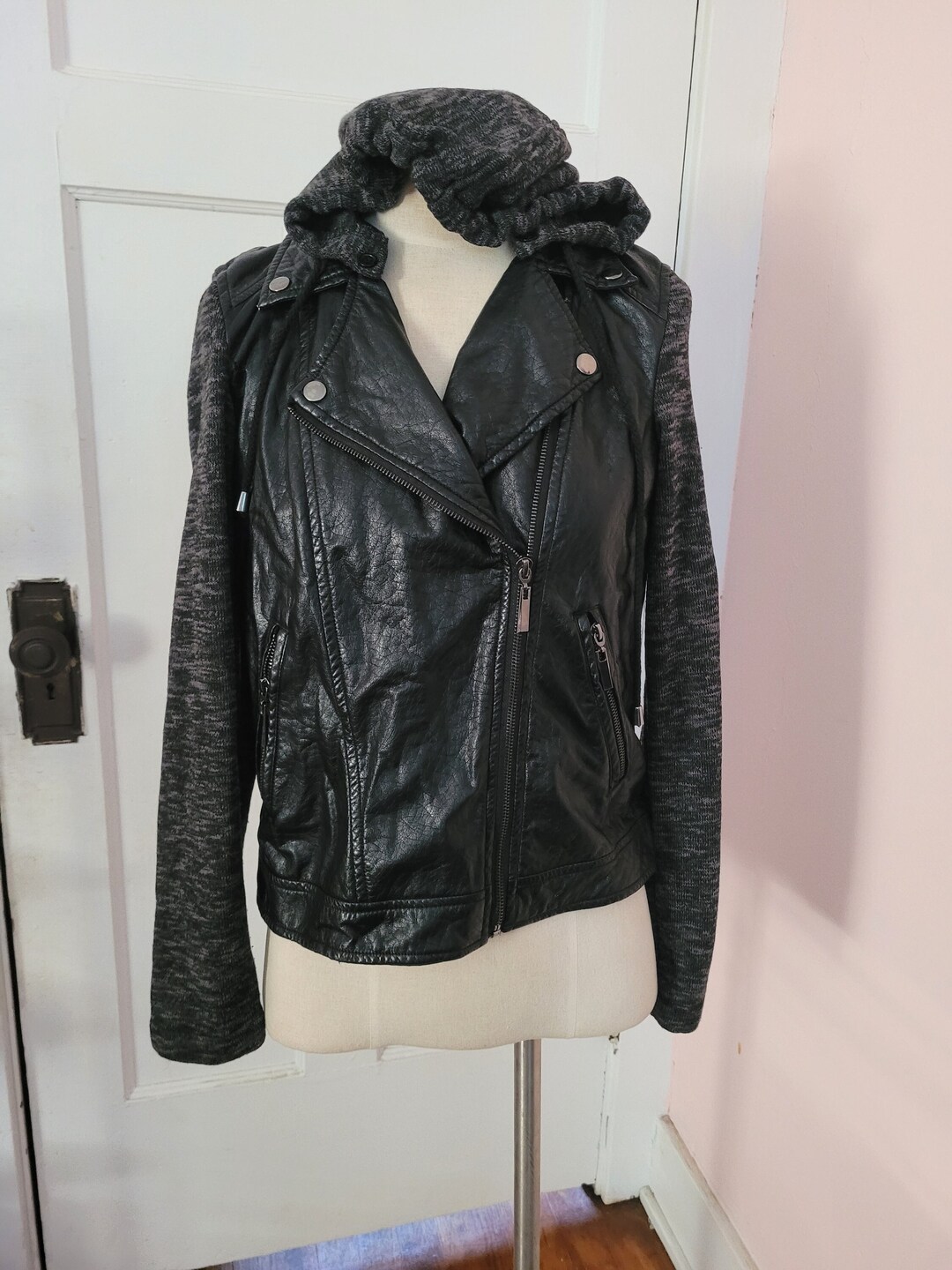 E2 Black Faux Leather Moto Removable Hood Jacket Excellent Size M - Etsy