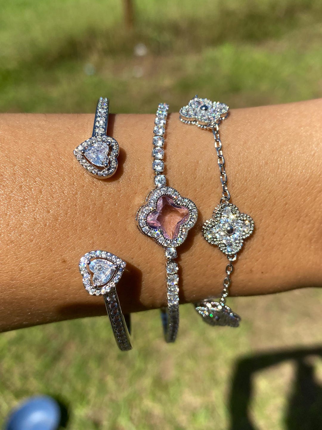 Vintage Clover Bracelet Set, Pink Clover Bracelet, Bangle, Rhinestone ...