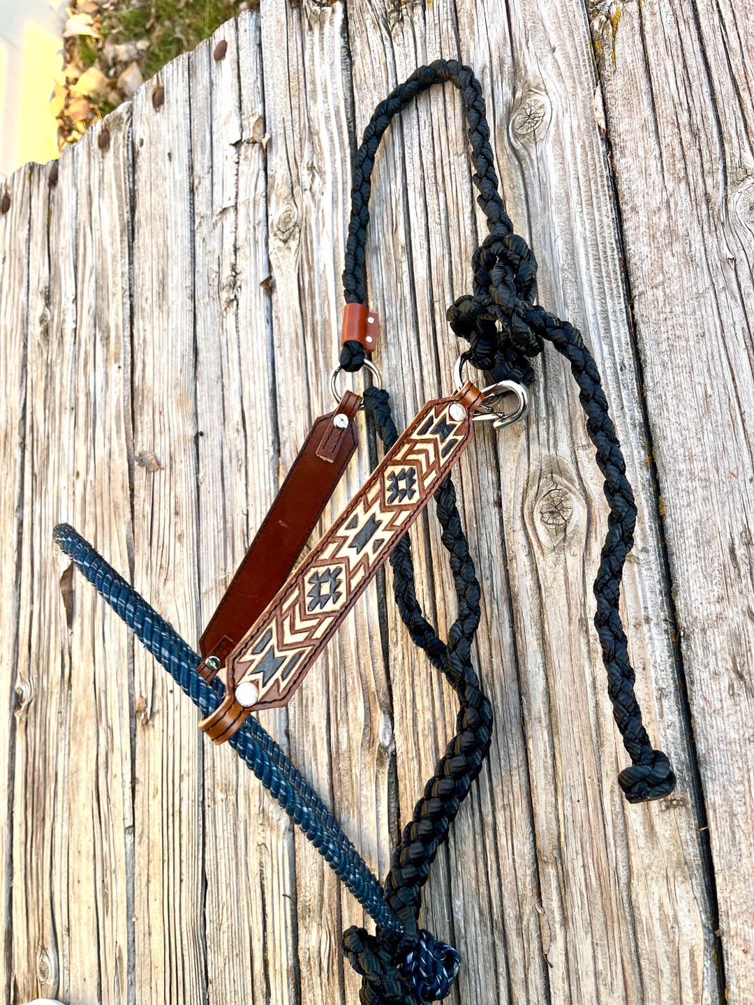 Black Hybrid Horse Halter With Hand Tooled Aztec Print Cheek Pieces - Etsy